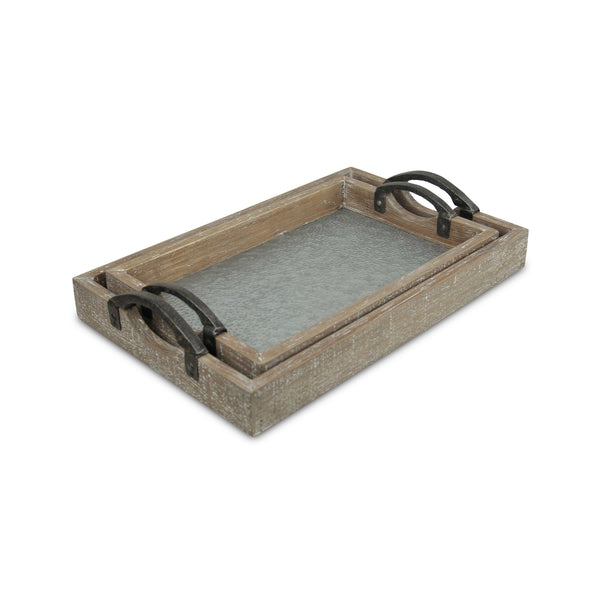 Monoe Set Of 2 Wood Frame Tray With Galvanized Base And Cast Iron Hand ...