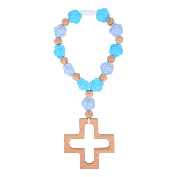 Cross Baptism Silicone Rosary, Blue Flower Beads Baby Rosary Teether W ...