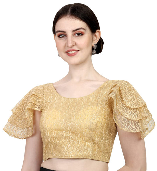Pujia Mills Women'S Shipali Net Work Ruffle Sleeves Readymade Saree ...