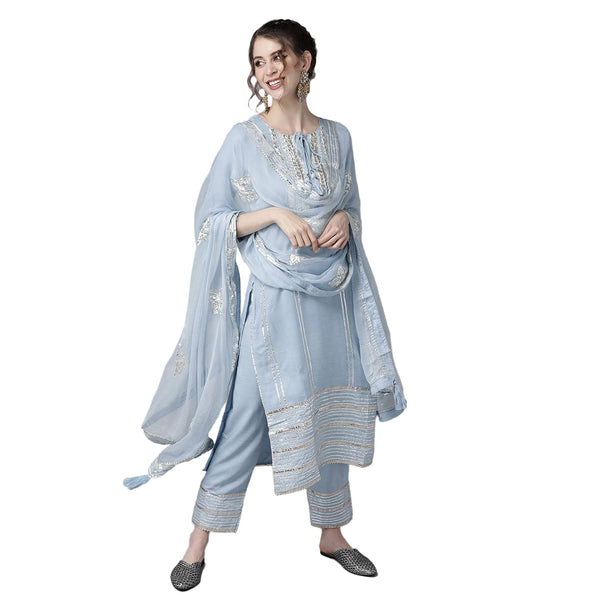 Ishin Women'S Silk Blue Gota Patti Embroidered A-Line Kurta Set With ...