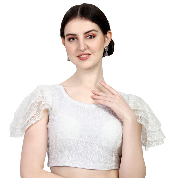 Pujia Mills Women'S Shipali Net Work Ruffle Sleeves Readymade Saree ...