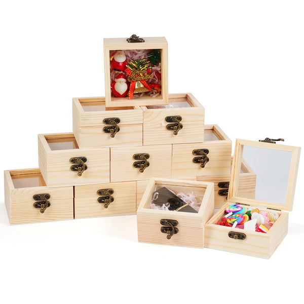 Thyle 12 Pcs Unfinished Wooden Boxes With Glass Lid Small Blank Wooden ...
