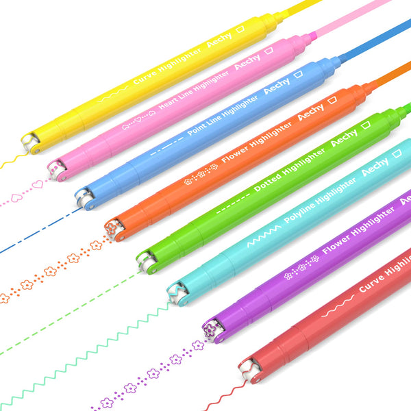 AECHY 8PCS Curve Highlighter Pen Set, Dual Tip Marker Pens with 6 Diff ...