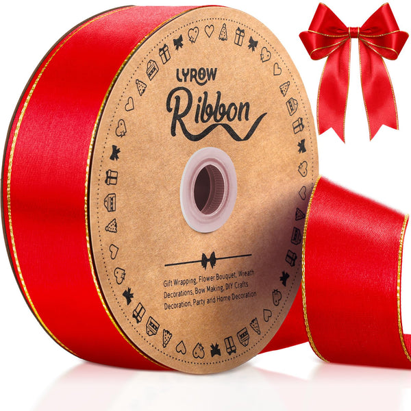 Lyrow 100 Yards Red Satin Ribbon With Gold Edges 1.5 Inch Gold Border ...