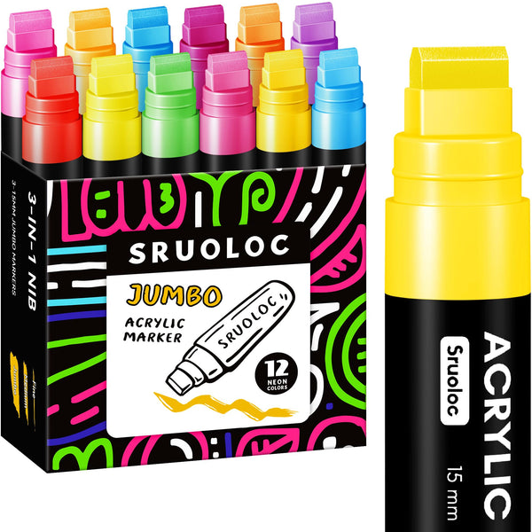 SRUOLOC 12 Neon Colors Jumbo Markers, 15mm Jumbo Felt Tip, Acrylic Pai ...