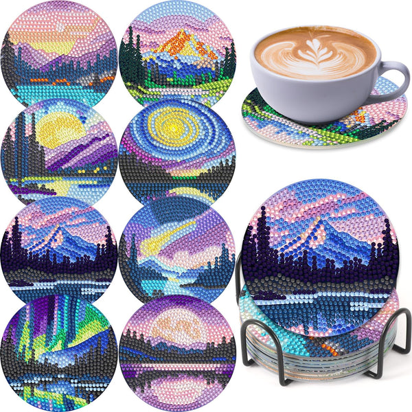 UPINS 8 Pcs Diamond Art Painting Coasters with Holder,Landscape DIY Di ...