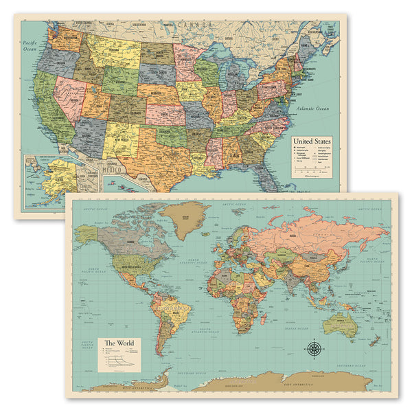 2 Pack - World Map Poster & USA Map Chart [Tan/Color] (LAMINATED, 18 x ...