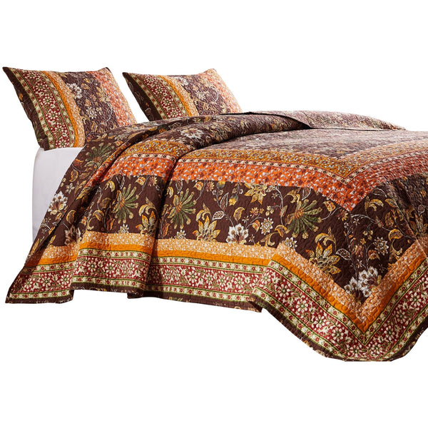 3 Piece King Quilt Set, Bohemian, Jacobean Floral Print, Brown, Orange ...