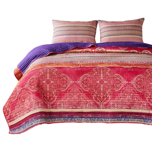 Dora 3 Piece Bohemian King Quilt Set, Medallion, Paisley, Pink, Blue ...