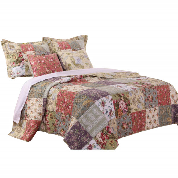Chicago 5 Piece Fabric Queen Size Quilt Set With Jacobean Prints,Multi ...
