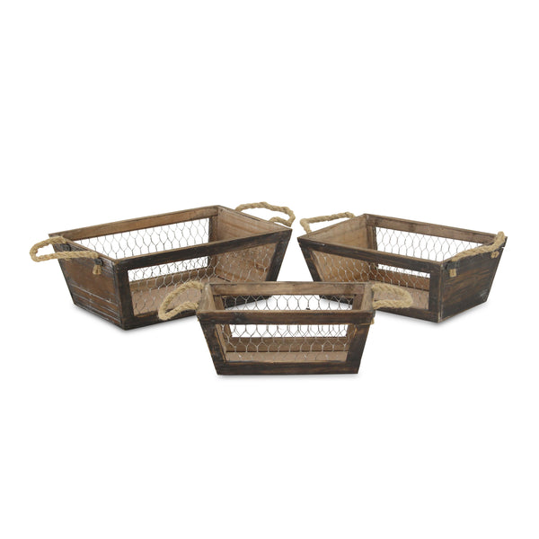 Irona Set Of 3 Tapered Wood & Wire Crates - Brown– Slickpurchase